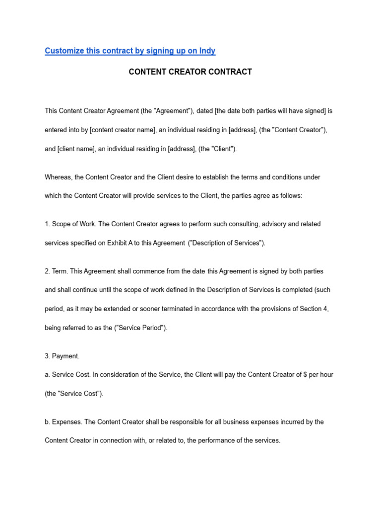 Content Creator Contract Template Indy B3320605e7 | PDF | Indemnity ...