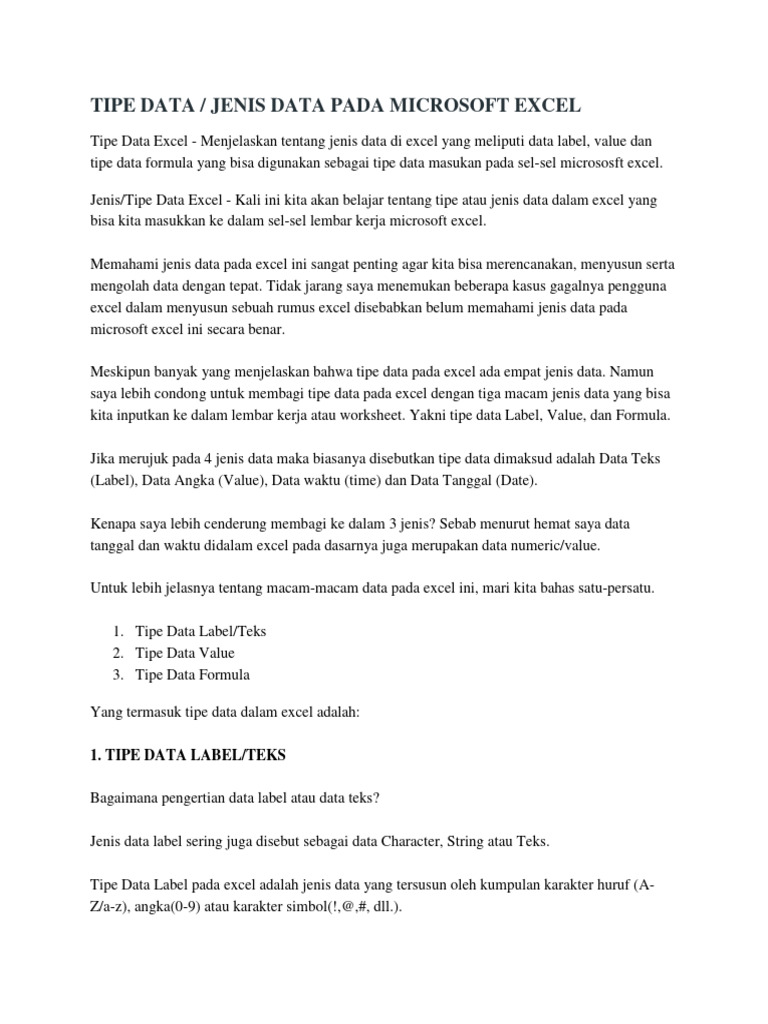 Tipe Data di Microsoft Excel: Label, Value, Formula | PDF | Komputer