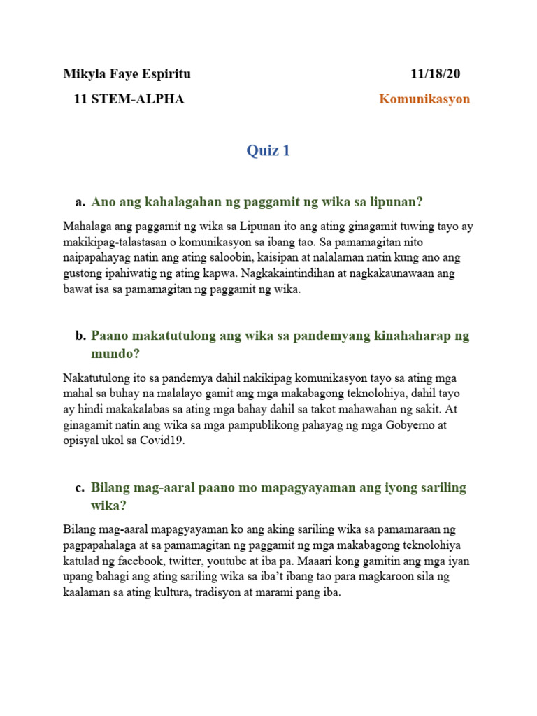 Mikyla Faye Espiritu I Quiz 1 | PDF