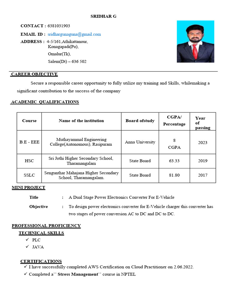 Sridhar Resume - Compressed | PDF | Power Electronics | Electric Vehicle