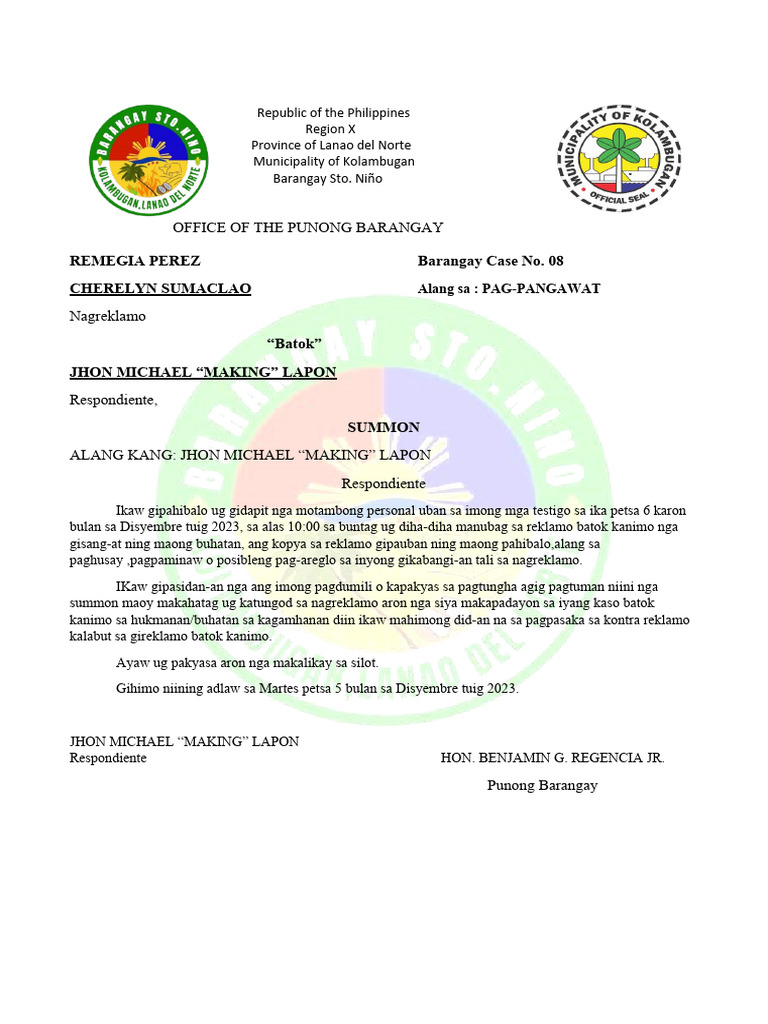 SUMMON Case No.8 SERIES OF 2023 JHON MICHAEL LAPON VS. REMEGIA PEREZ | PDF