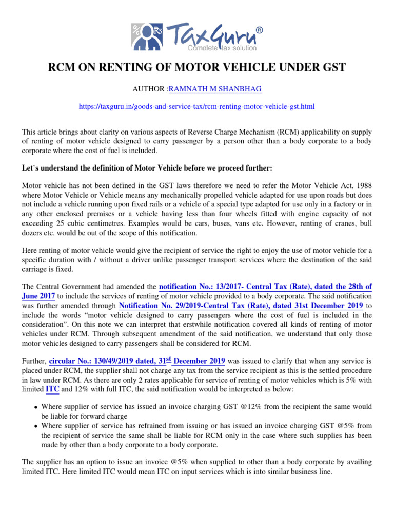 RCM on Renting Motor Vehicles under GST | PDF | Vehicles | Engines