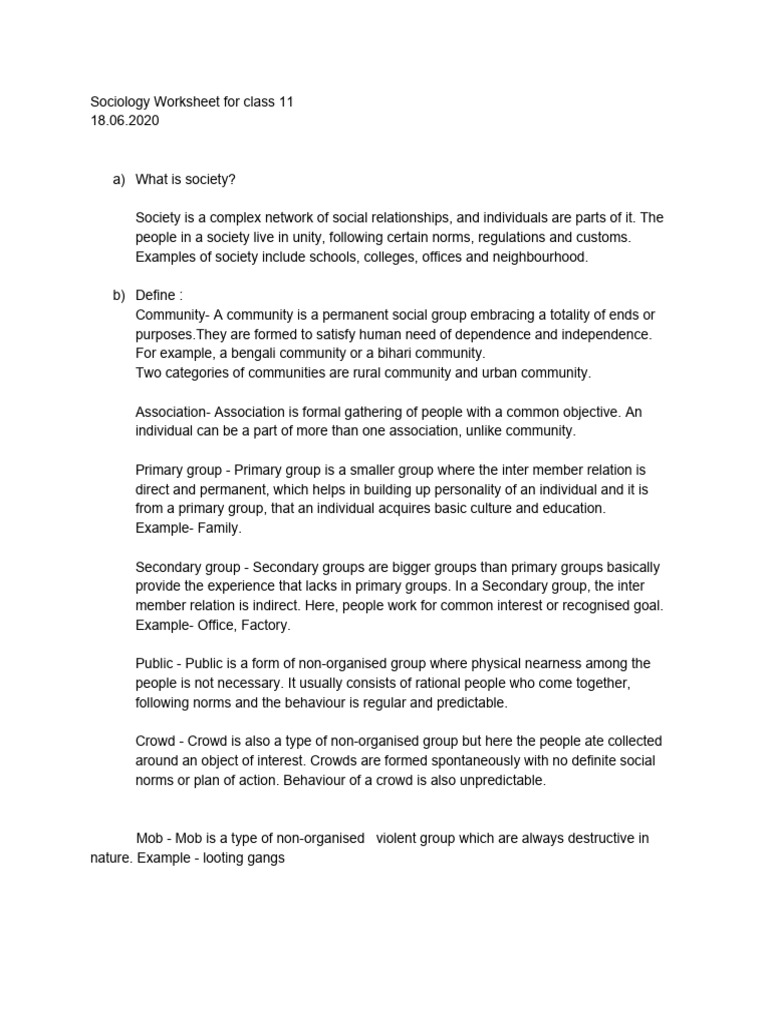 Sociology Worksheet For Class 11 | PDF