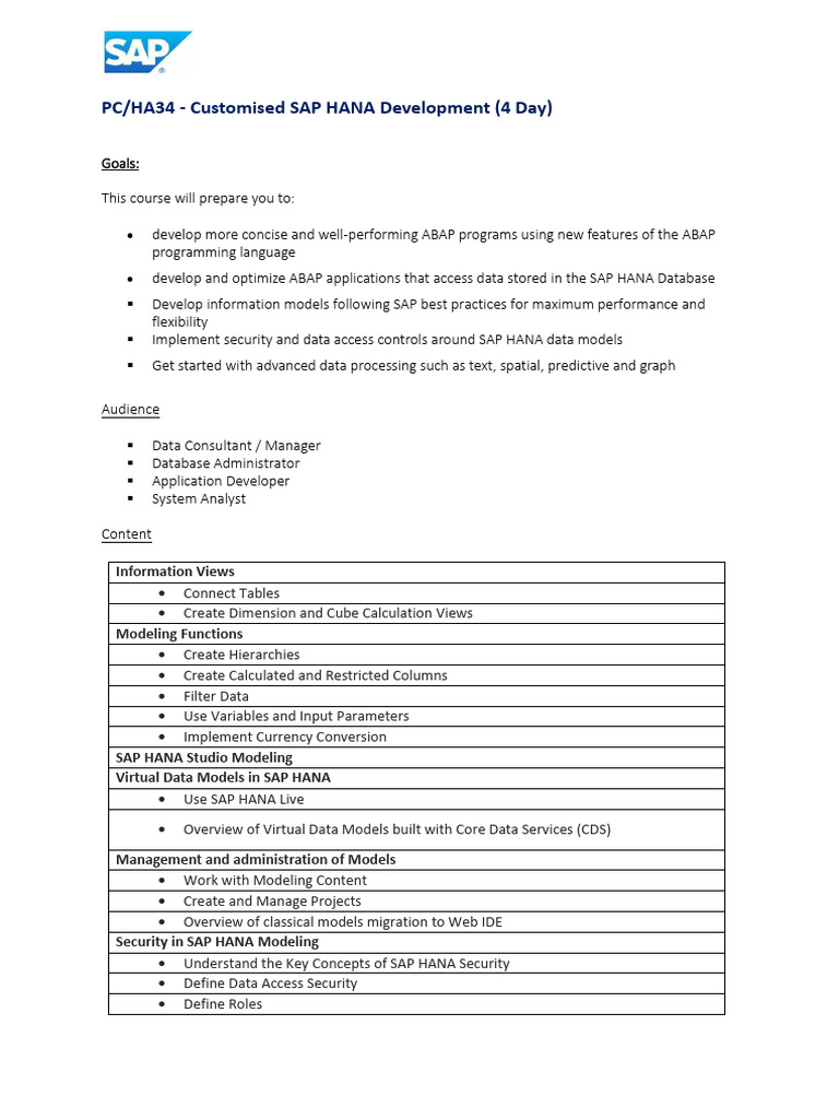 Sap Training PC HA34 Customised SAP HANA Development 4days | Download Free PDF | Databases ...