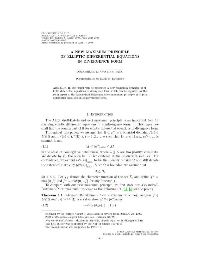 A New Maximum Principle of Elliptic Diff | PDF | Function (Mathematics) | Ellipse