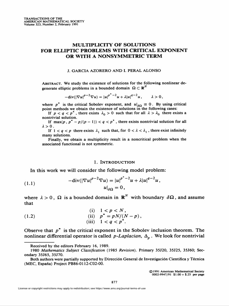Azorero, Alonso. Multiplicity of Solutions For Elliptic Problems With Critical Exponent | PDF ...