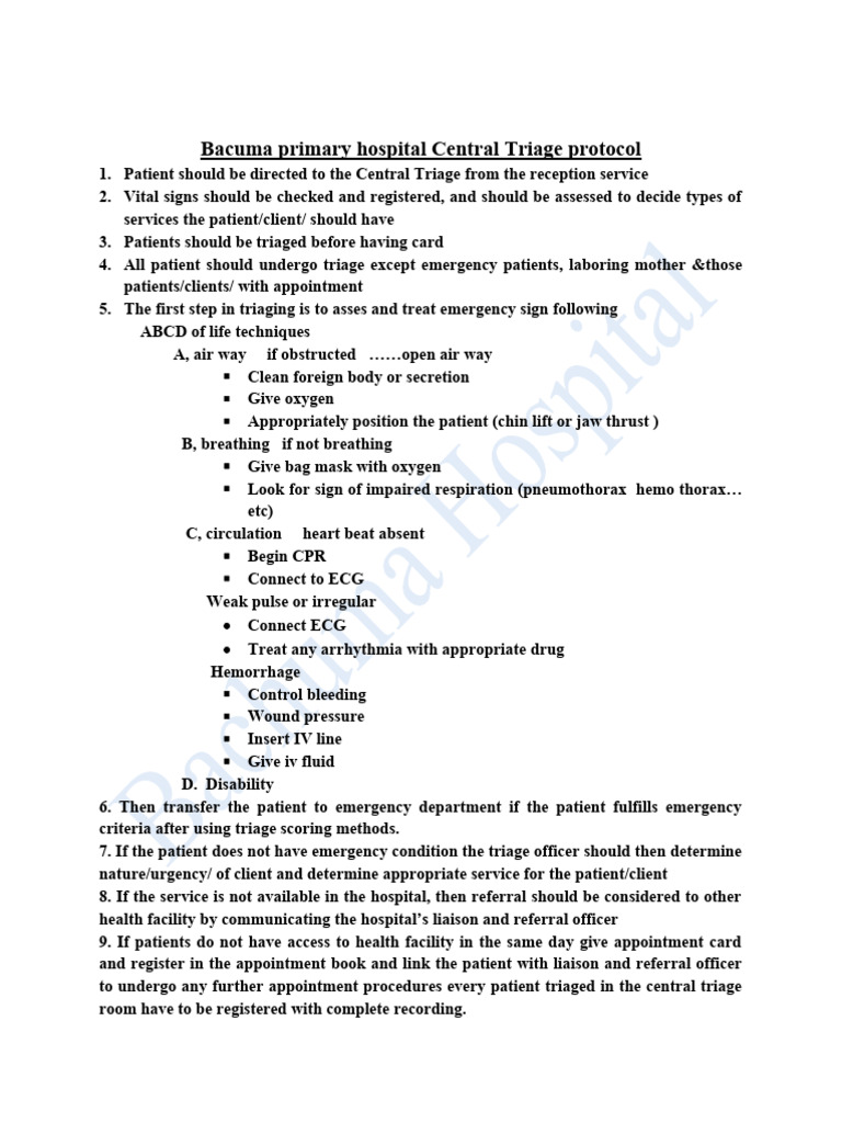 Central Triage Protocol for Bacuma Hospital | PDF