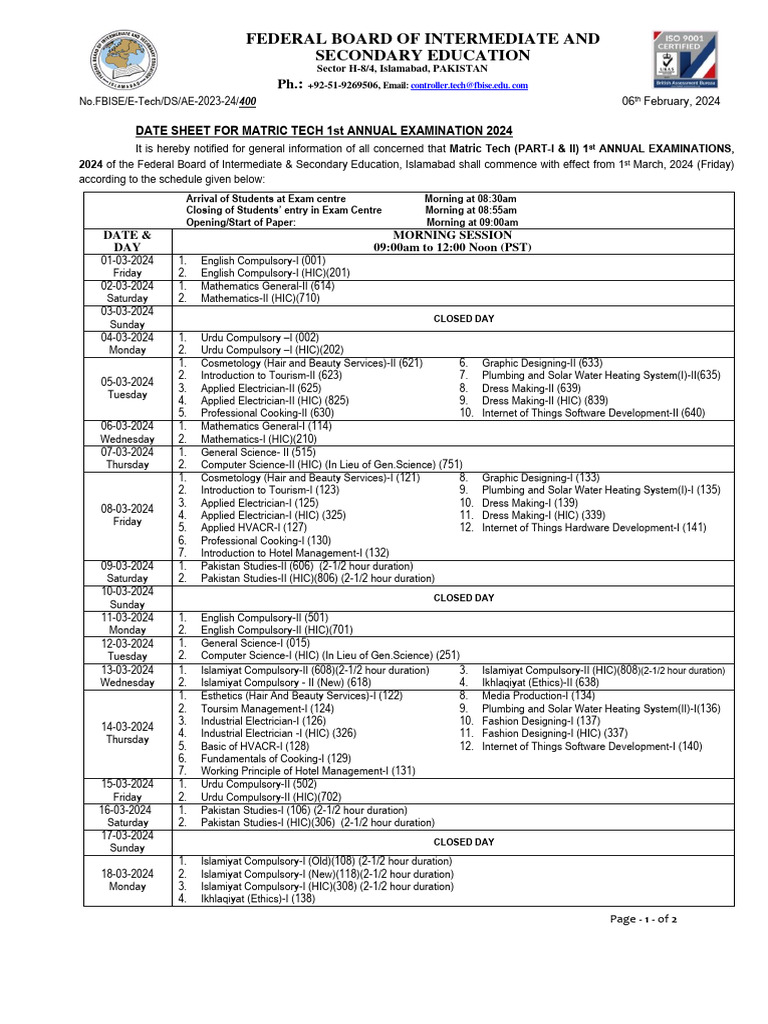 Technical Edcation SSC Date Sheet 2024 | PDF | Islamabad | World Politics