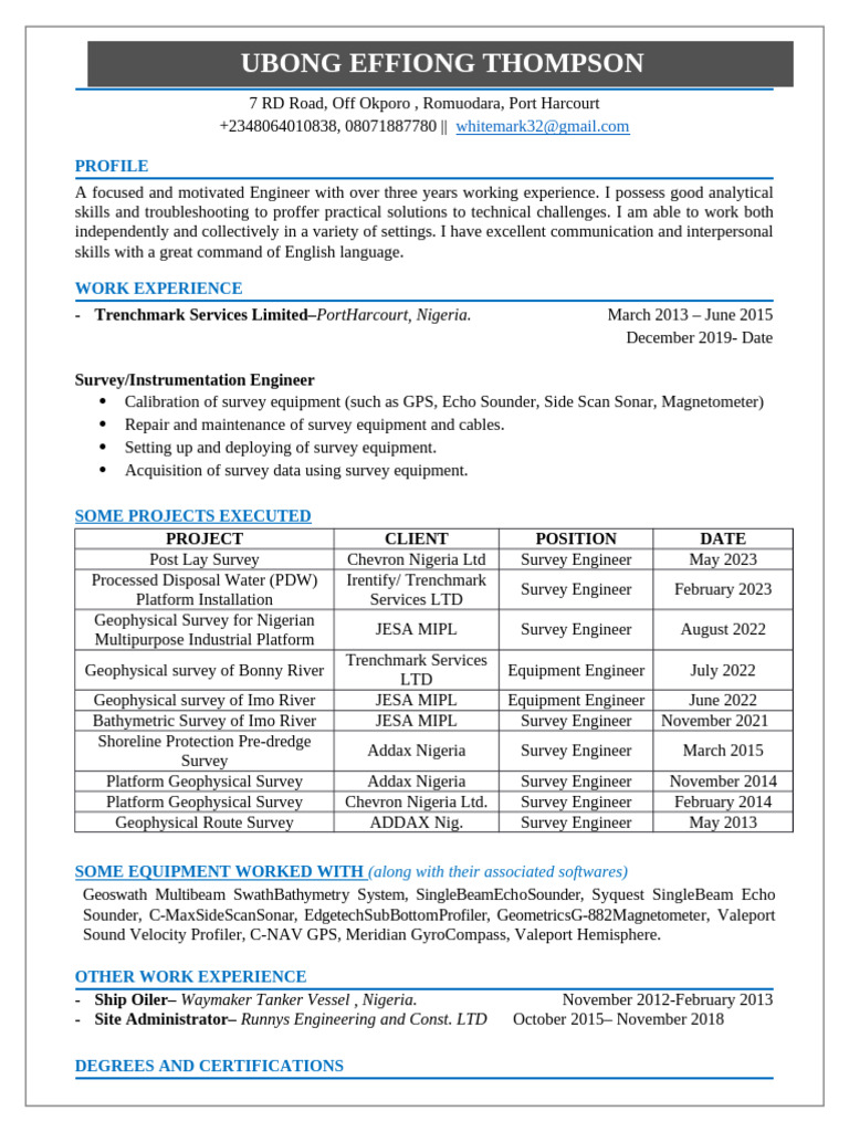 Ubong Thompson CV | PDF | Geophysical Survey (Archaeology)