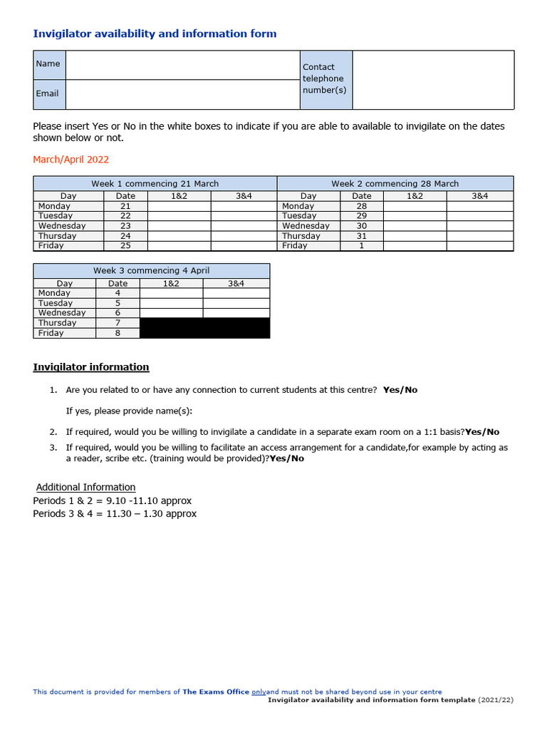 March April 22 Invigilator Availability and Information Form | PDF