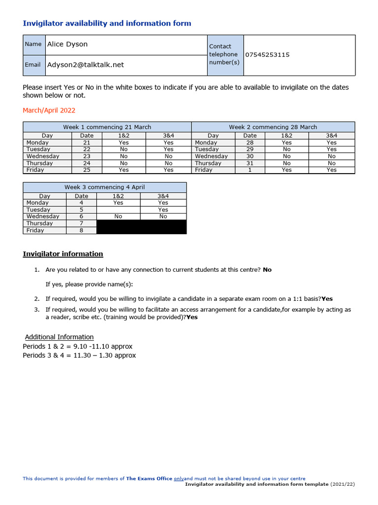 March April 22 Invigilator Availability and Information Form | PDF
