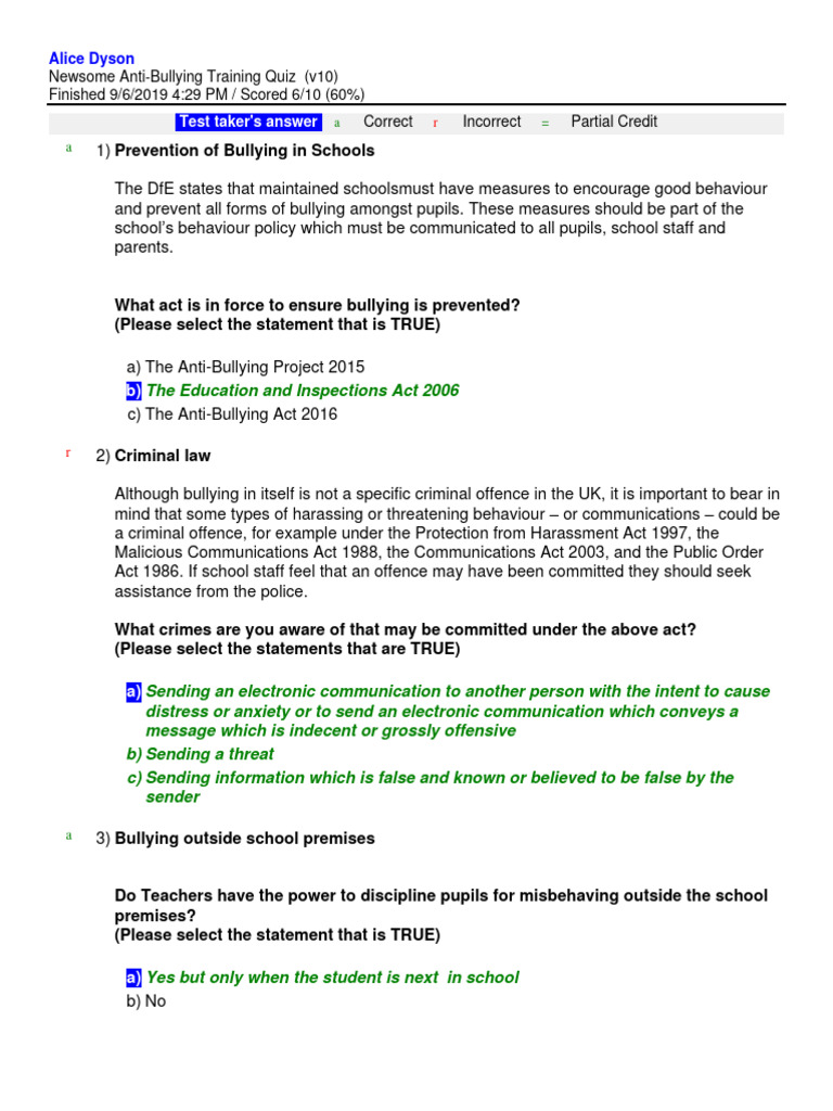 Test Taker's Answer | PDF | Bullying | Cyberbullying