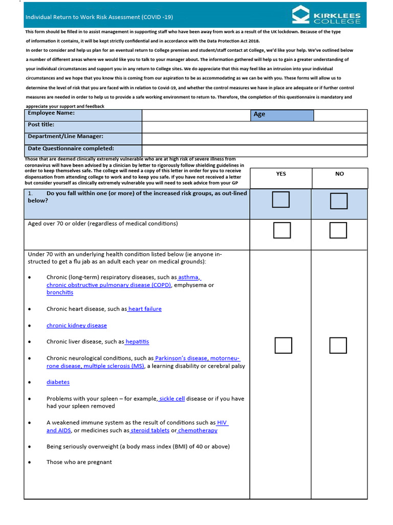 Self Assessment Questionnaire Word Format - Blank | PDF | Chronic ...