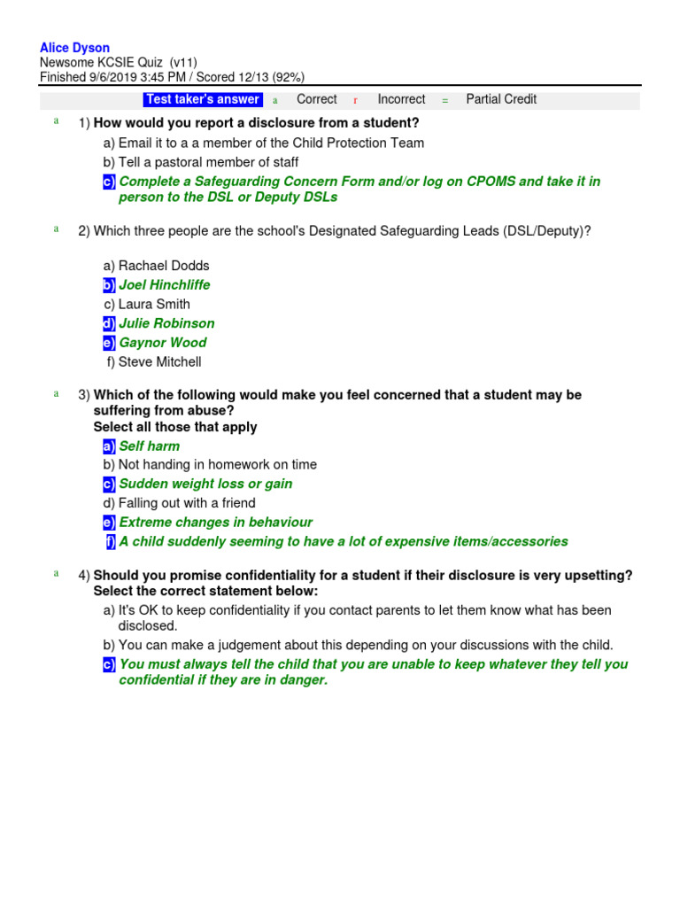 KCSIE Safeguarding Quiz Results 2019 | PDF | Female Genital Mutilation ...