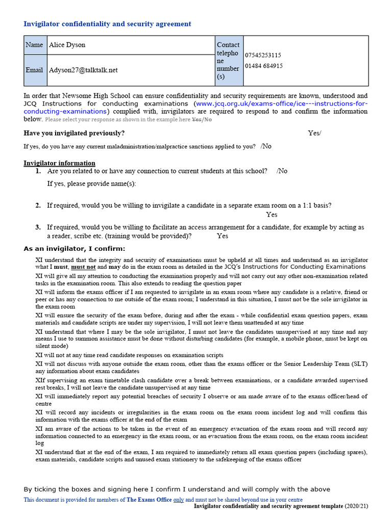 Invigilator Confidentiality and Security Agreement Sheet 2020 21 | PDF ...