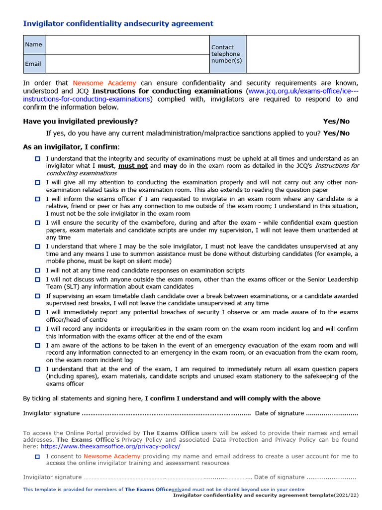 Invigilator Confidentiality Agreement | PDF