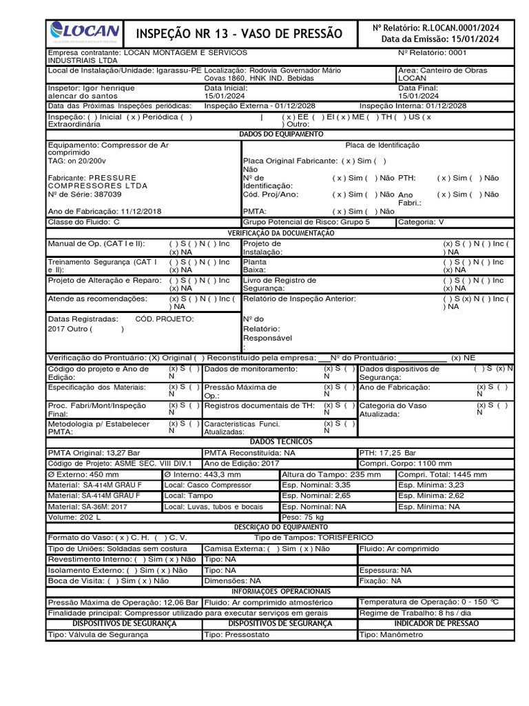 Relatório NR13 Compressor | PDF | Pressão | Engenharia Mecânica