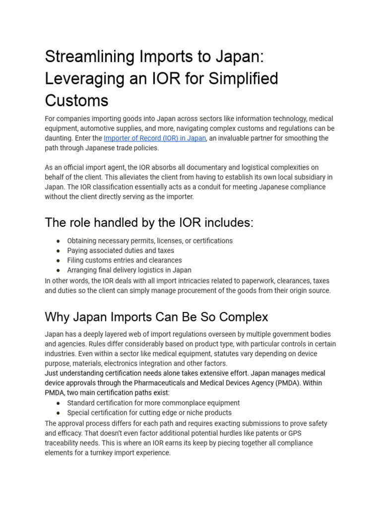 Streamlining Imports To Japan: Leveraging An IOR For Simplified Customs ...