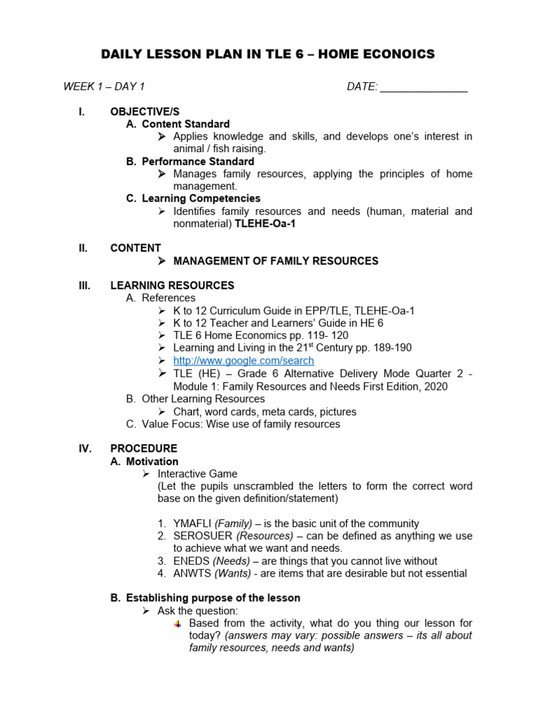 DAILY LESSON PLAN IN TLE 6 HE Week 1 Day 1 | PDF | Learning | Lesson Plan