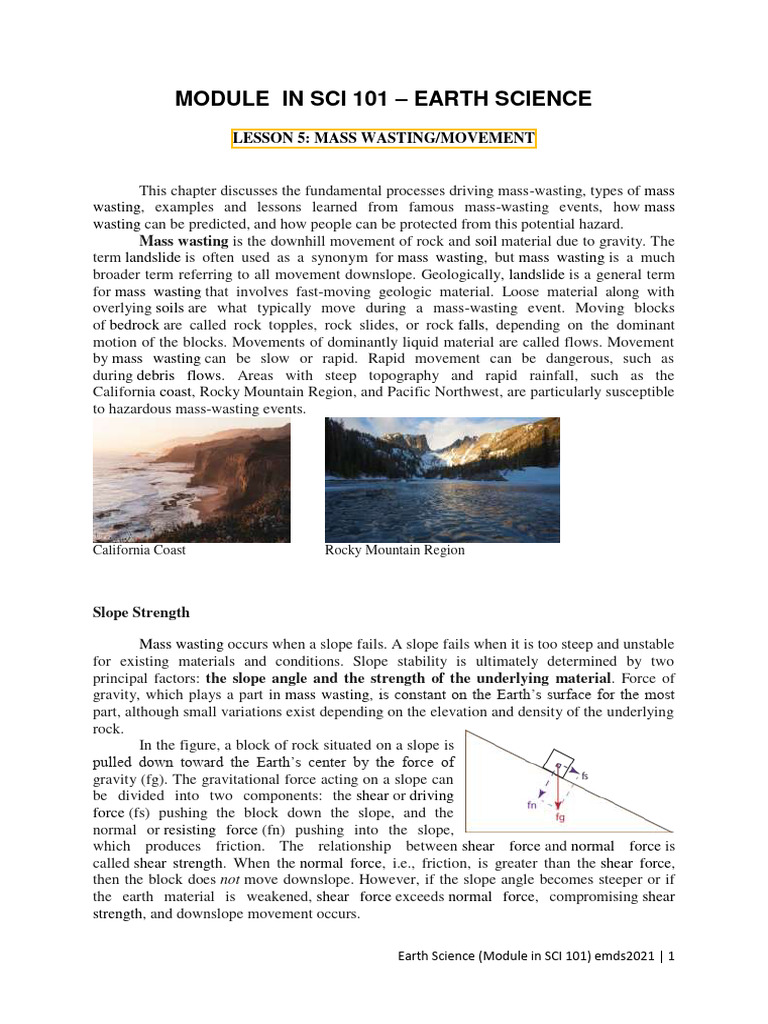 Earth Science: Mass Wasting Basics | PDF | Landslide | Geomorphology
