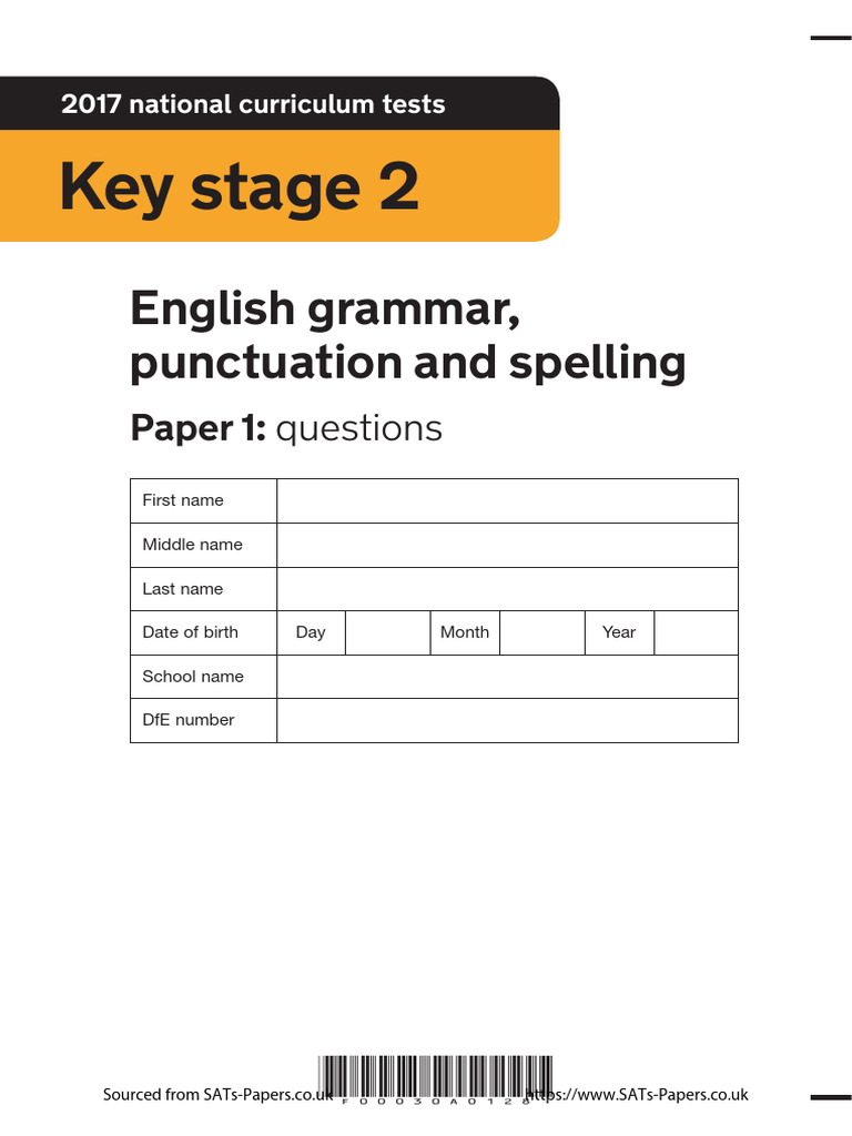 Ks2 English 2017 Grammar Punctuation Spelling Paper 1 Short Answer ...