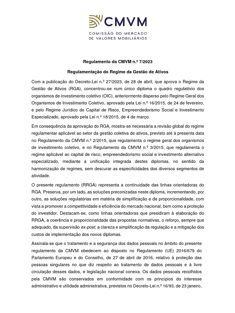 Regulamento Da CMVM 7 - 2023 | PDF | Crédito | Finanças e Administração ...