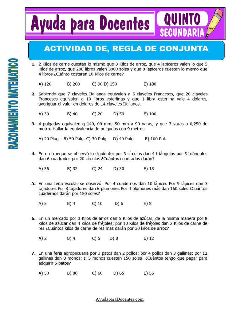 Actividad de Regla de Conjunta para Quinto de Secundaria | PDF