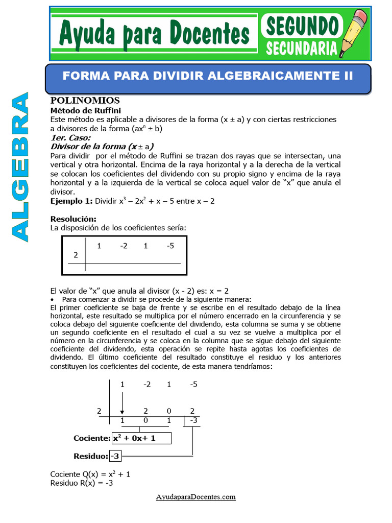 Formas para Dividir Algebraicamente II para Segundo de Secundaria | PDF ...