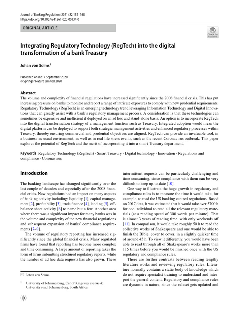 RegTech in Bank Treasury Transformation | PDF | Regulatory Compliance ...