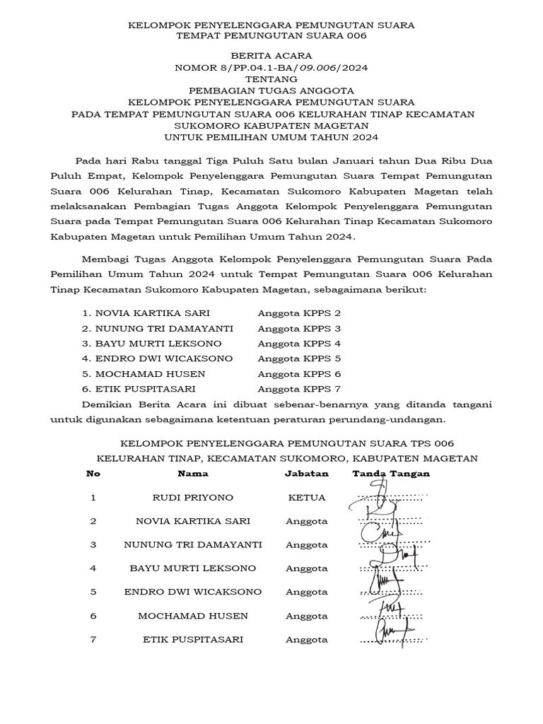 TPS 6 Ba KPPS Pembagian Tugas KPPS | PDF