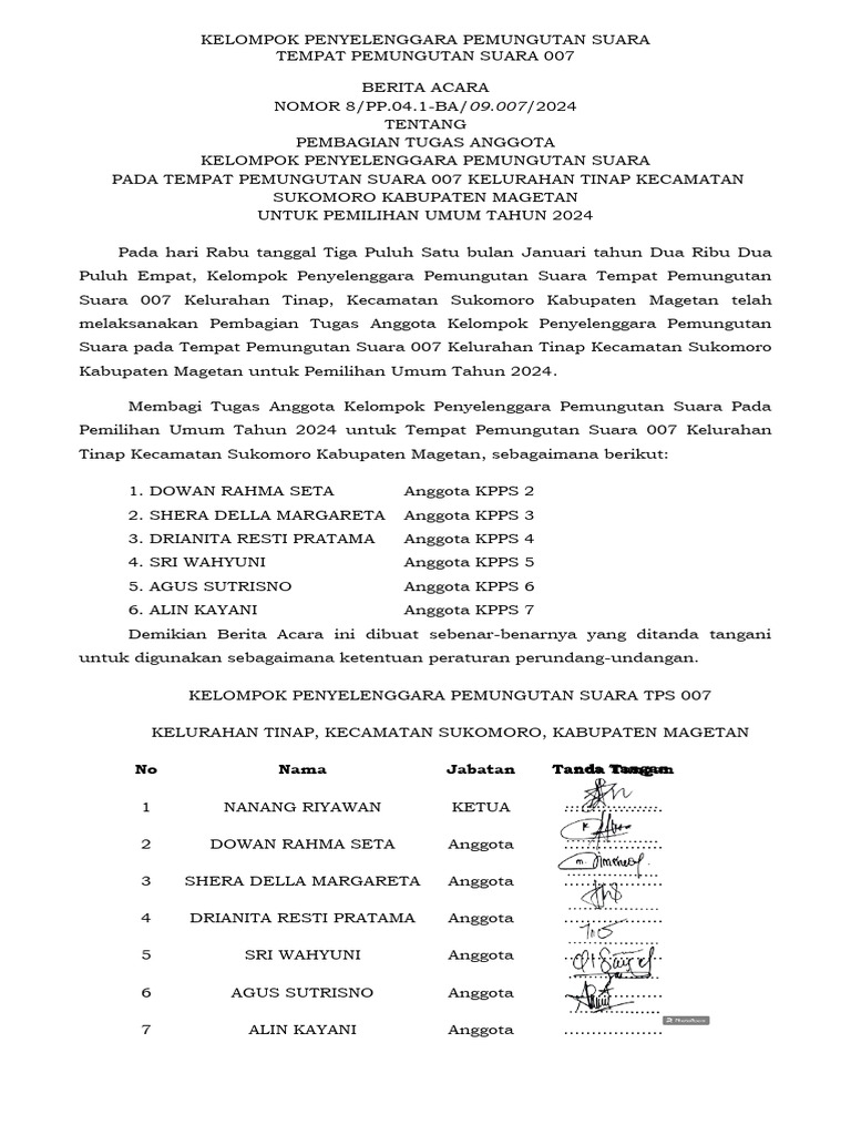 TPS 7 Ba KPPS Pembagian Tugas KPPS | PDF | Olahraga & Rekreasi