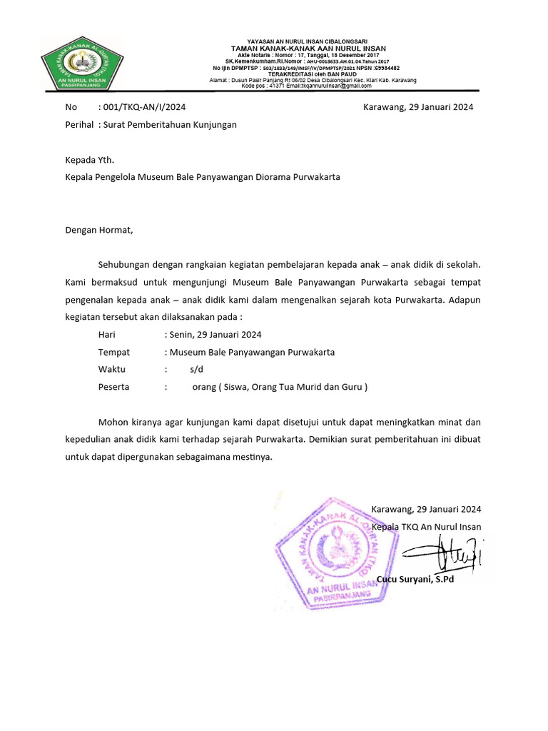 Surat Izin Kunjungan Museum | PDF