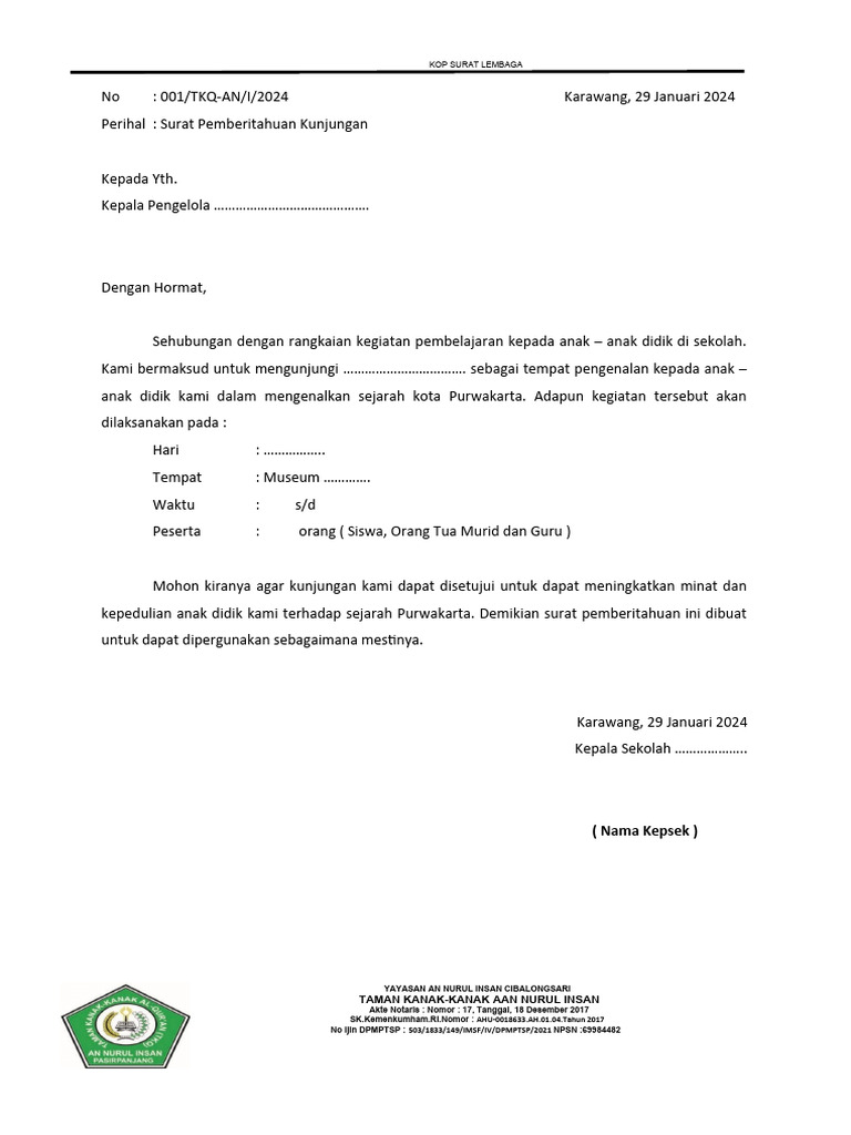 Surat Permohonan Kunjungan Museum | PDF