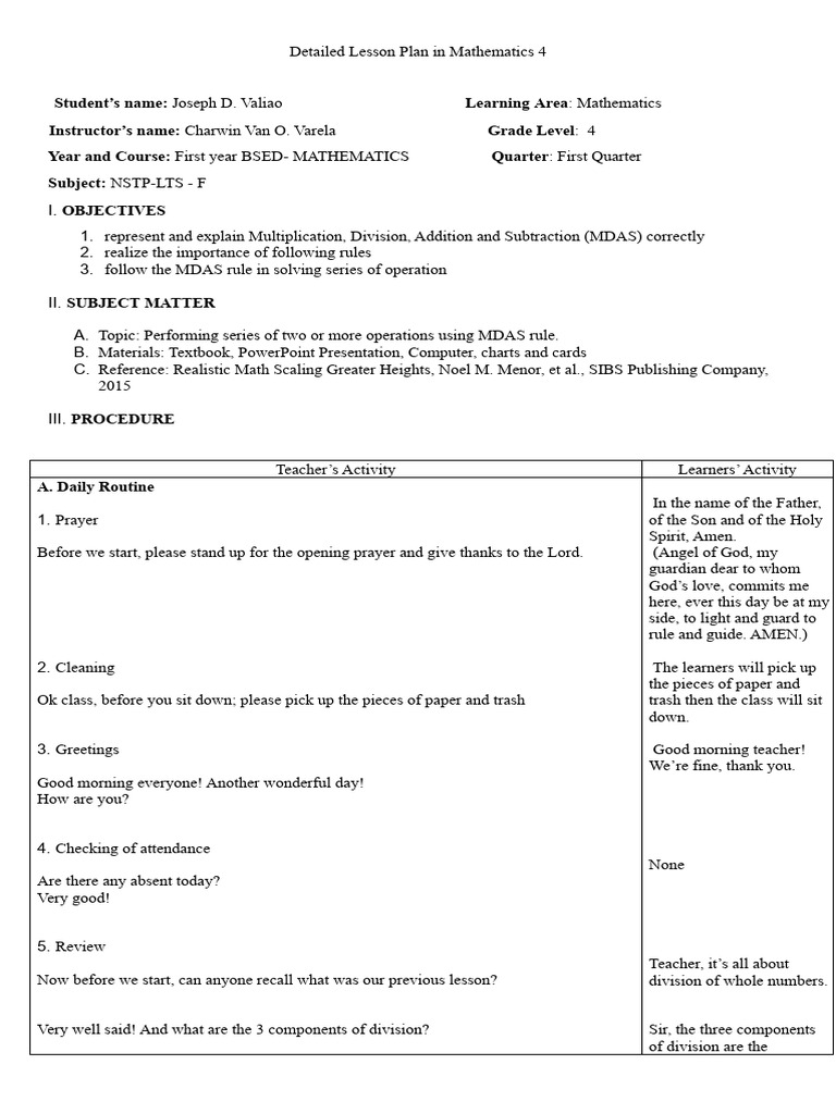 Detailed Lesson Plan in Mathematics 5 For Ranking | PDF | Division ...