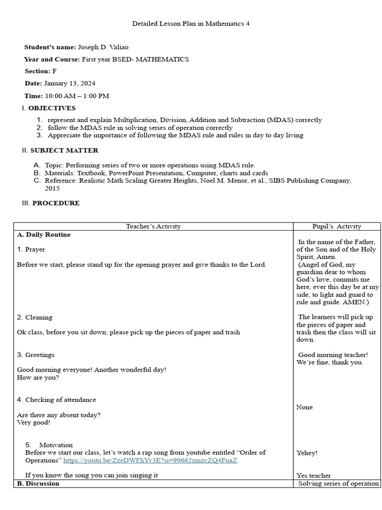 Detailed Lesson Plan in Mathematics | PDF | Multiplication | Mathematics