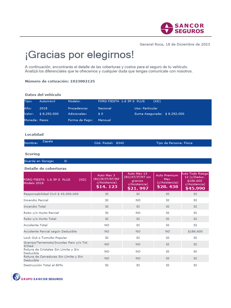 Sancor Cotizacion | PDF