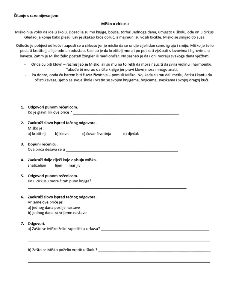 SRPSKI JEZIK III Razred Čitanje S Razumijevanjem | PDF