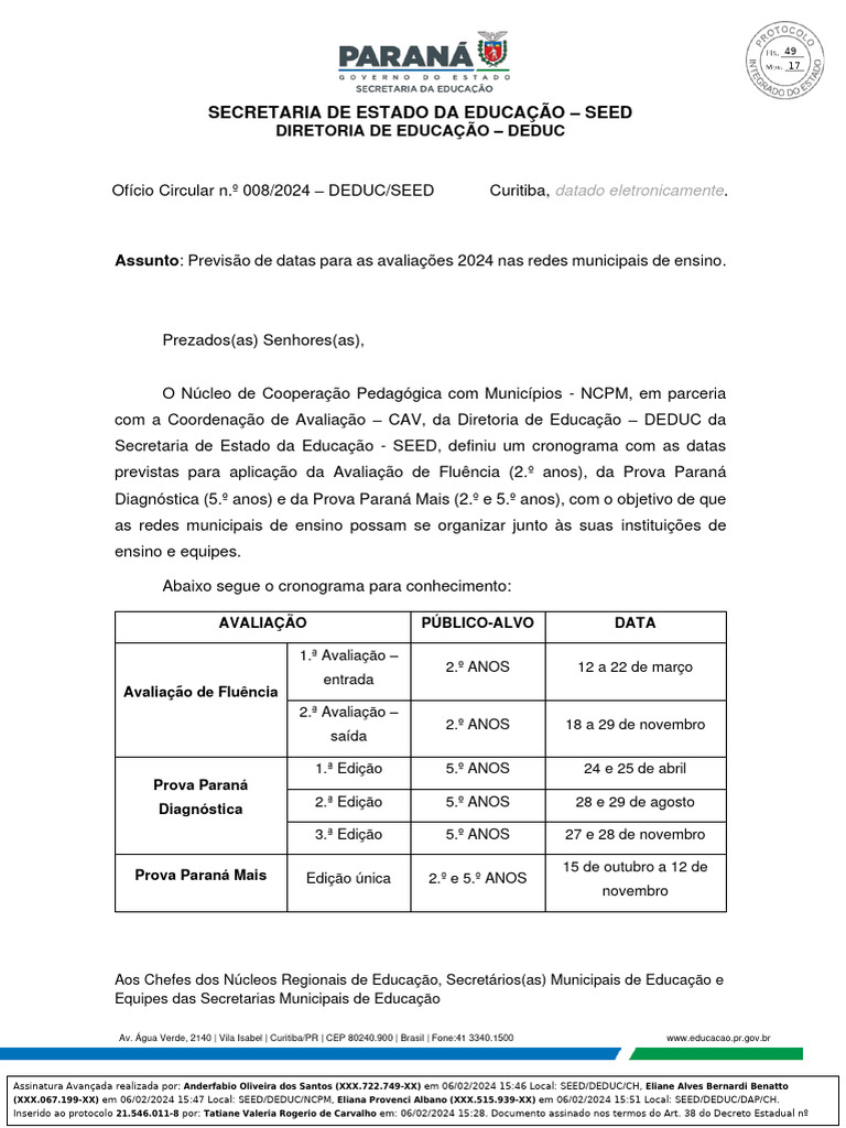 Cronograma de Avaliações 2024 - DEDUC | PDF