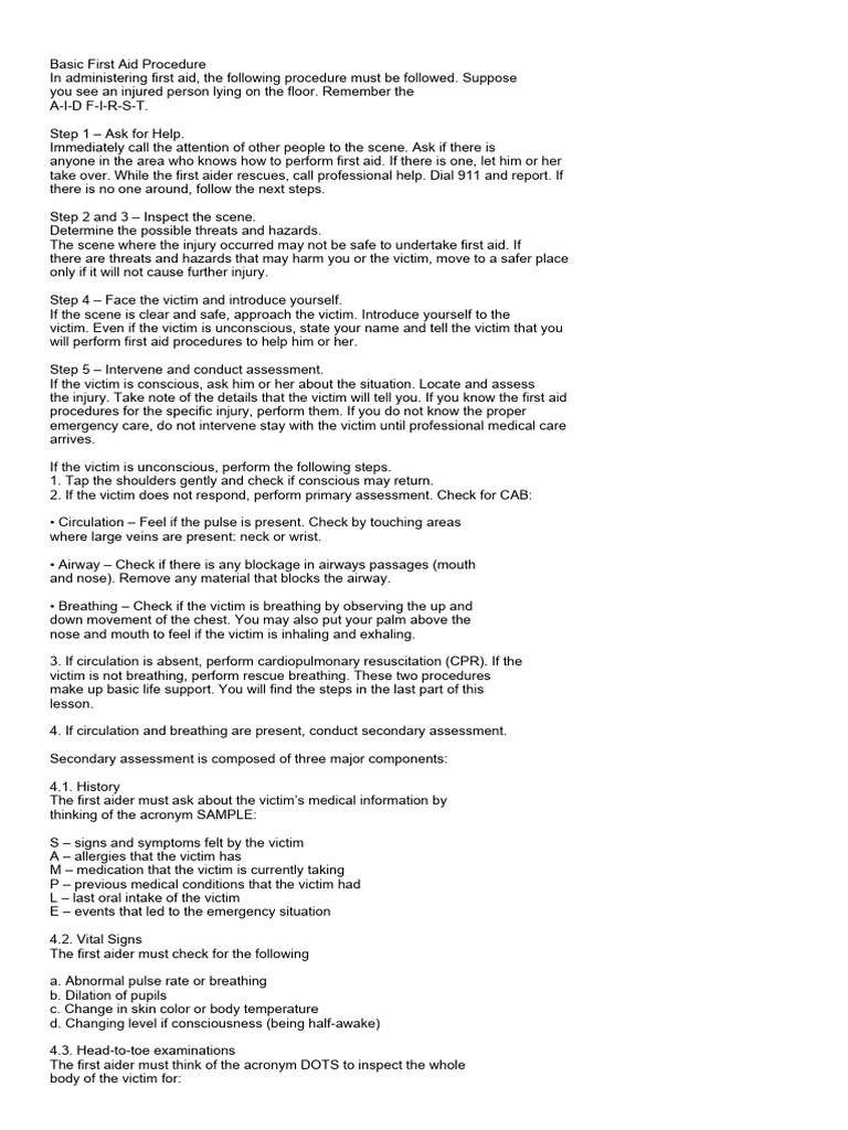Basic First Aid Procedure | PDF | First Aid | Clinical Medicine