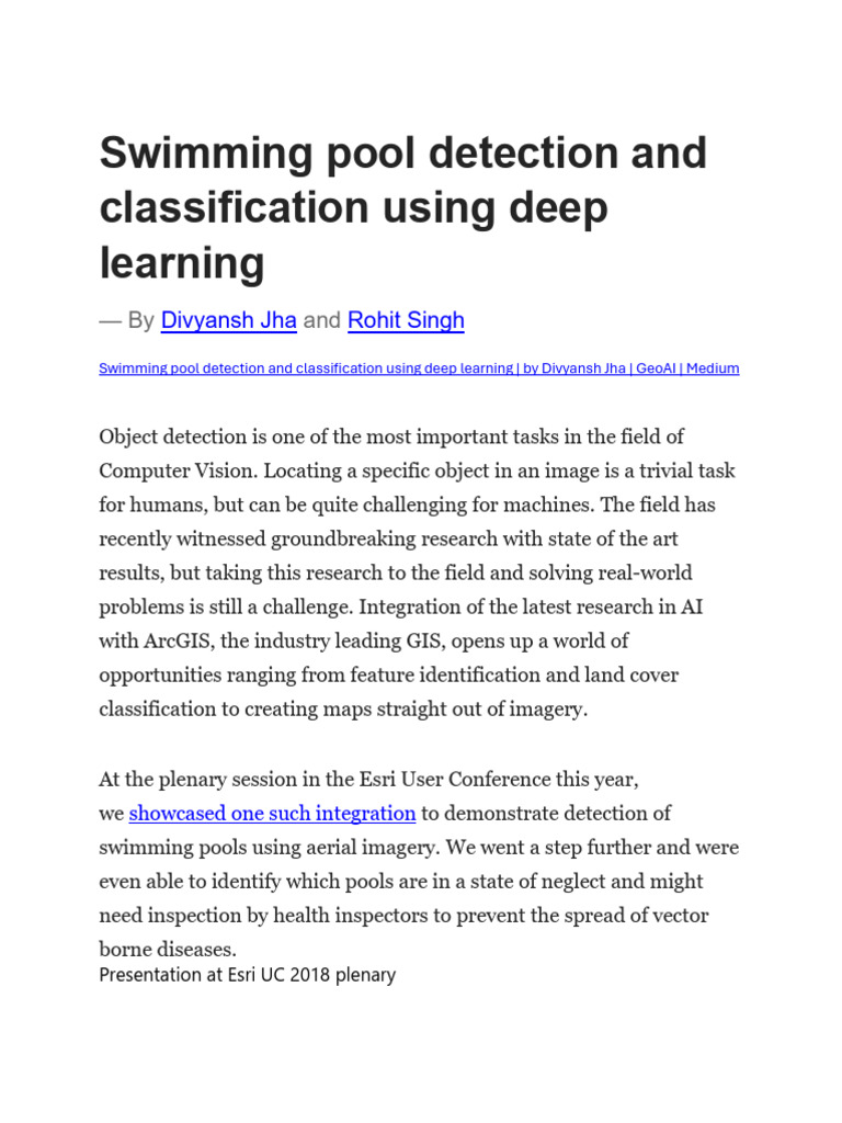 Swimming Pool Detection and Classification Using Deep Learning | PDF | Arc Gis | Esri