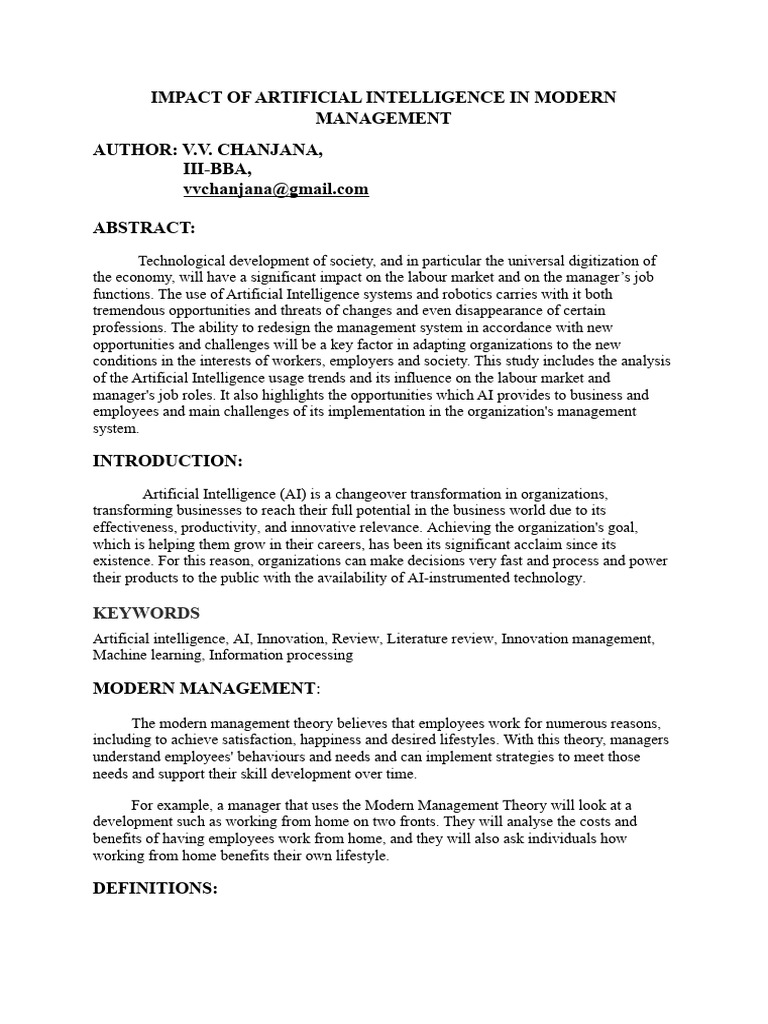 Impact Of Artificial Intelligence In Modern Management Pdf