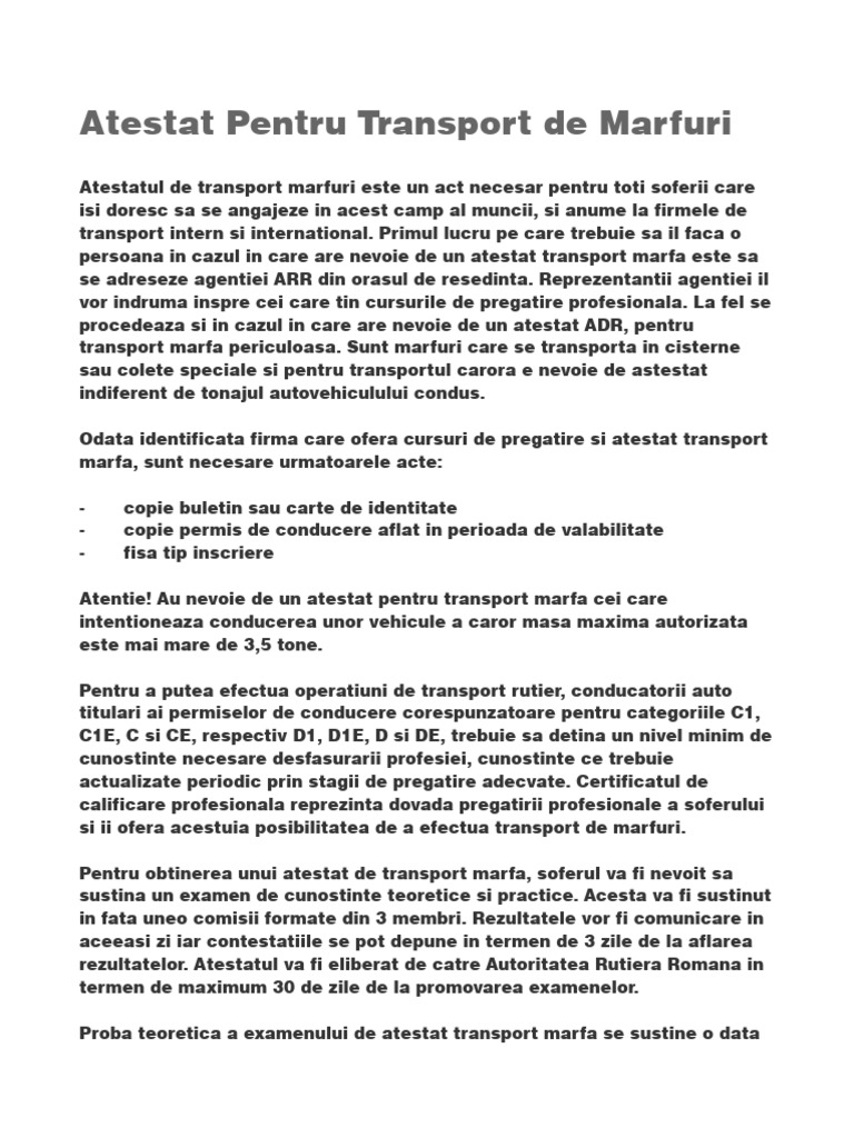 Atestat Pentru Transport de Marfuri | PDF