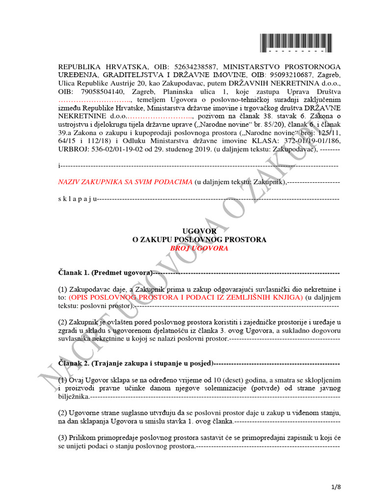 Nacrt Ugovora o Zakupu Poslovnog Prostora Javni Natjecaj 082020 | PDF