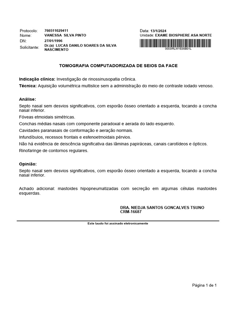 Laudo de Tomografia de Seios da Face | PDF