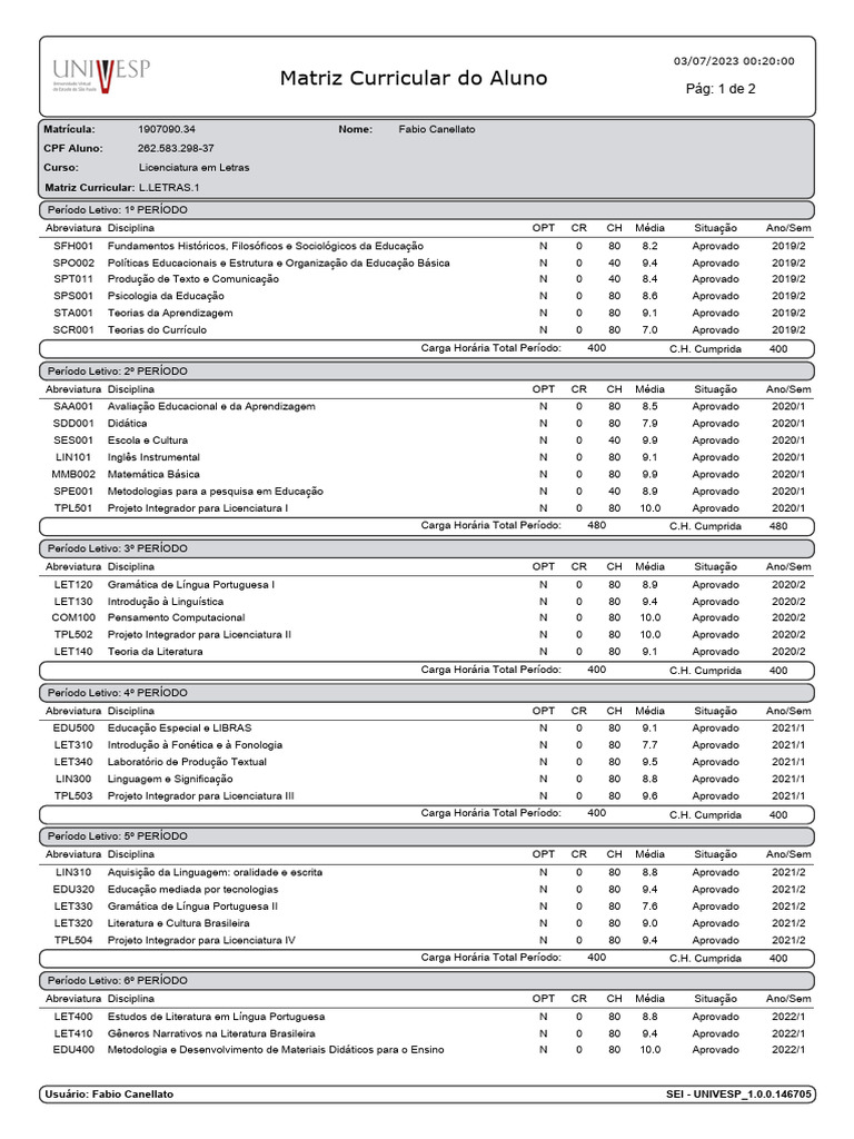 Matriz Curricular Licenciatura em Letras | PDF