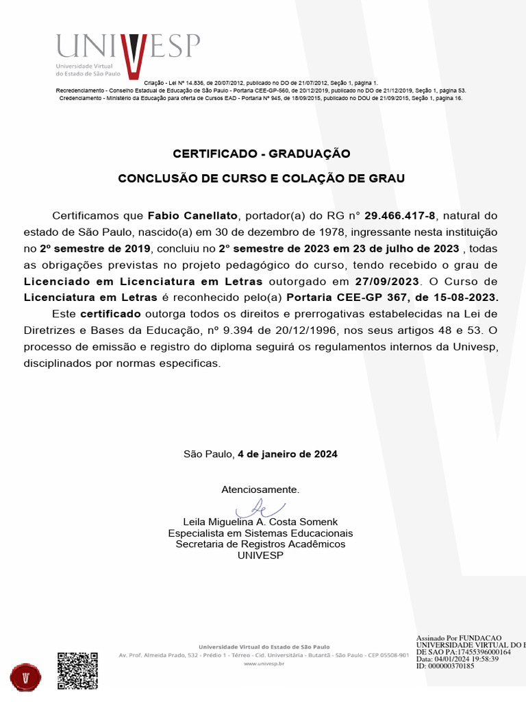 Certificado Fabio - Canellato - Letras Univesp | PDF