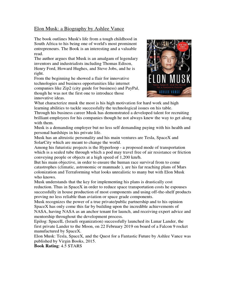 Elon Musk A Biography by Ashlee Vance | PDF | Space X | Elon Musk