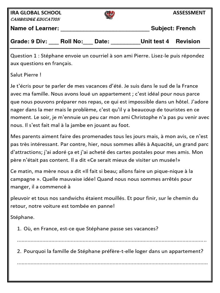Grade 9 French UT 4 Rev Worksheet | PDF | Échecs