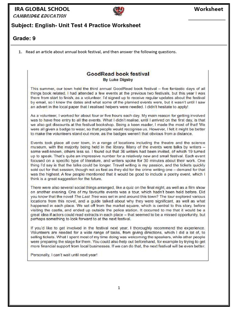 Worksheet English GR 9 UT4 | PDF | Student Assessment And Evaluation ...