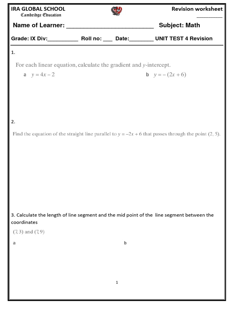 GR 9 Math UT4 Revision Worksheet | PDF
